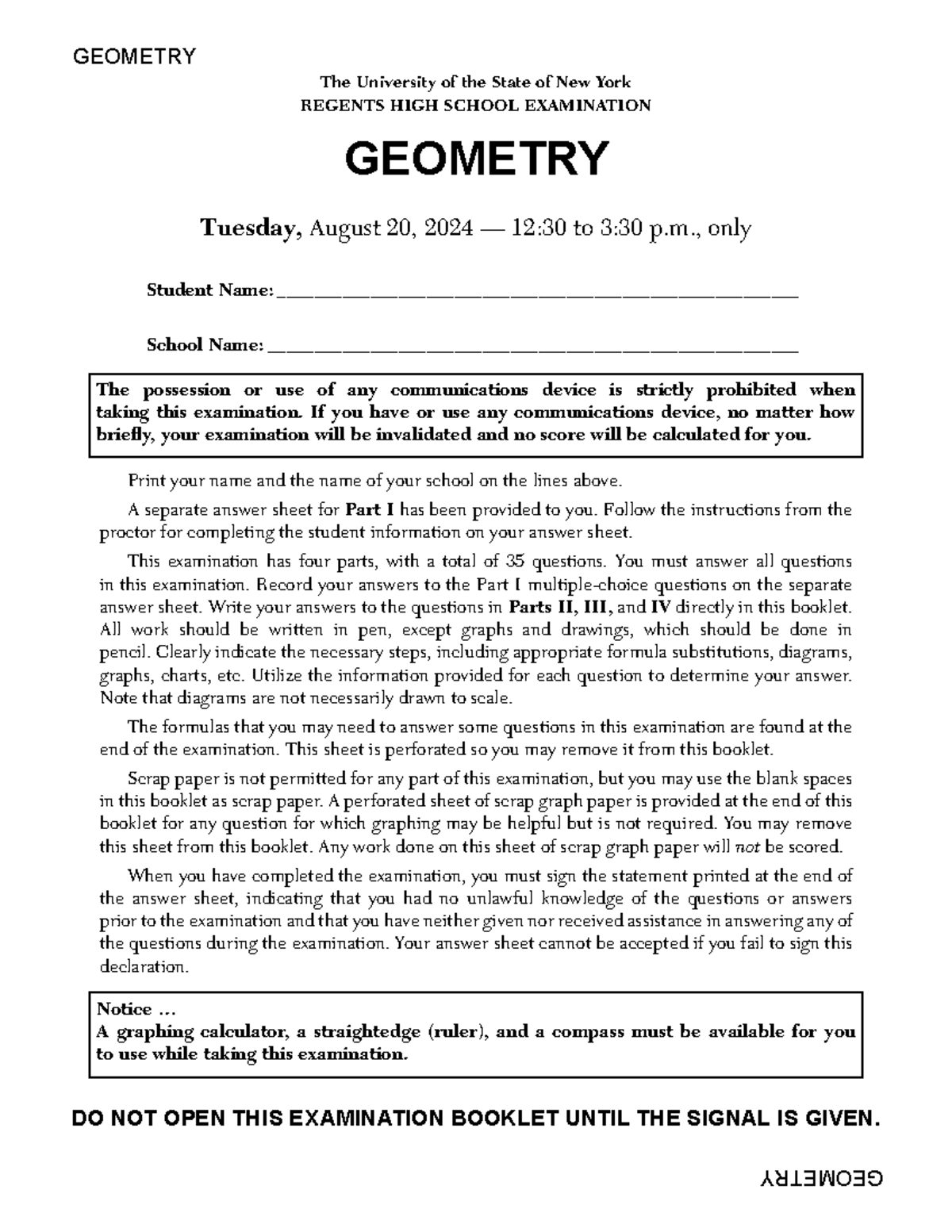Geometry Regents Exam – August 2024: Comprehensive Review Guide - Studocu