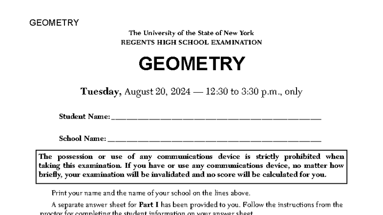 Geometry Regents Exam – August 2024: Comprehensive Review Guide - Studocu