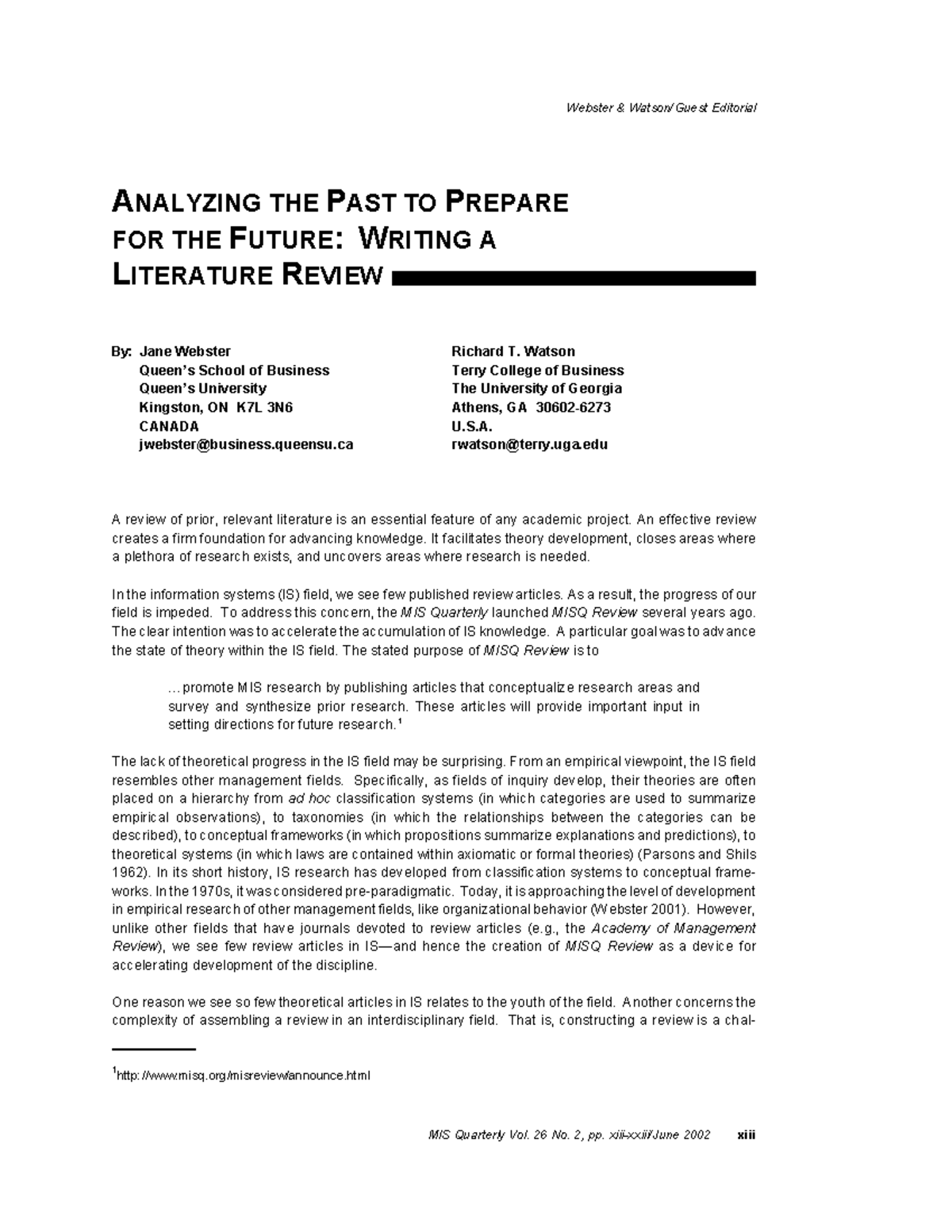 Webster Editorial: Guidelines for Writing a Literature Review in IS ...