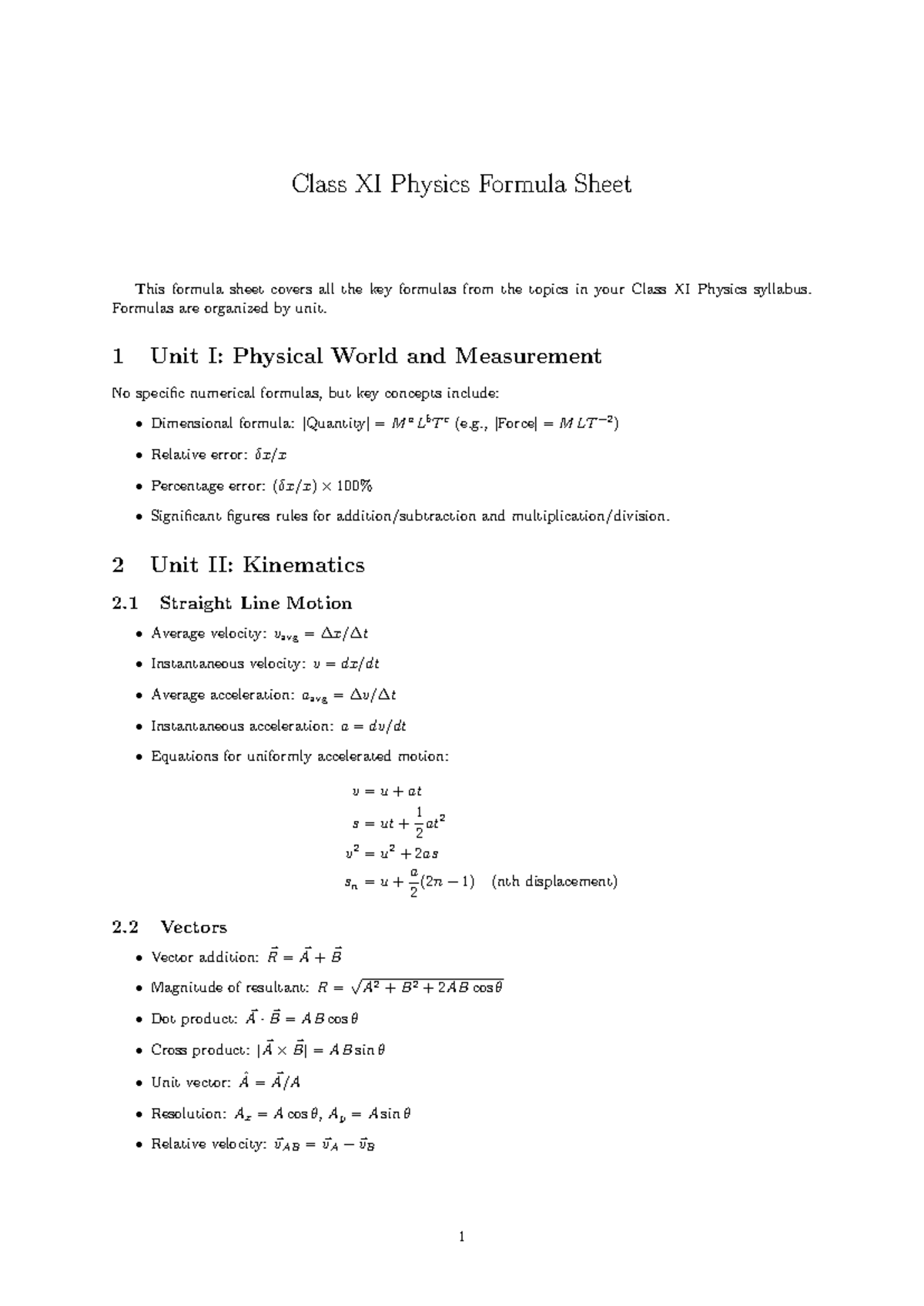 Class XI Physics Formula Sheet: Key Concepts & Equations - Studocu