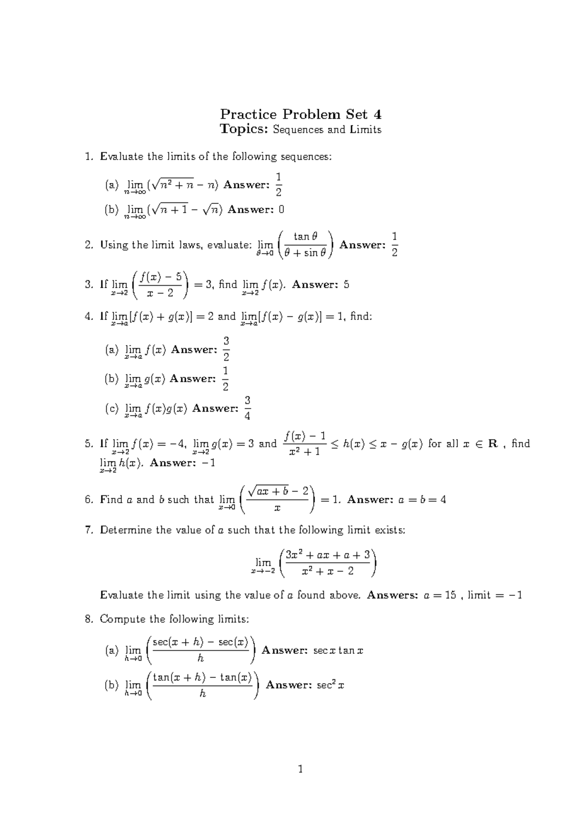 Practice Problems - Tutorial 4: Sequences & Limits - Studocu