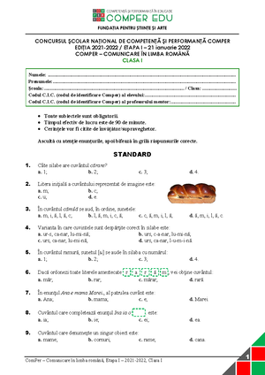 Subiect Comper Romana Etapa I 2022 2023 clasa I - 1 CONCURSUL ŞCOLAR ...