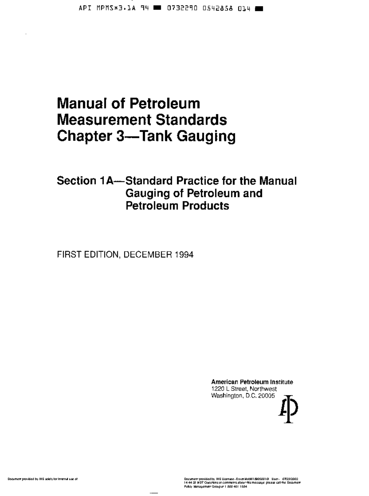 API MPMS Chapter 3.1A - Manual Gauging of Petroleum Standards (1994 ...