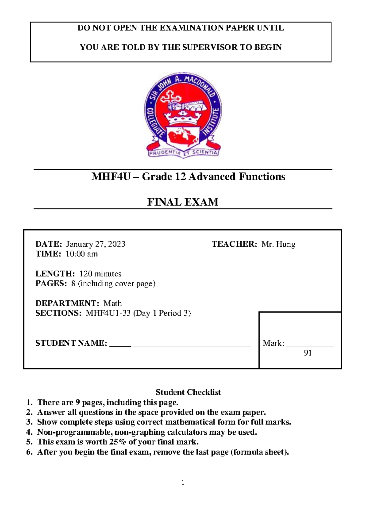 MHF4U Grade 12 Advanced Functions Final Exam January 2023 - Studocu