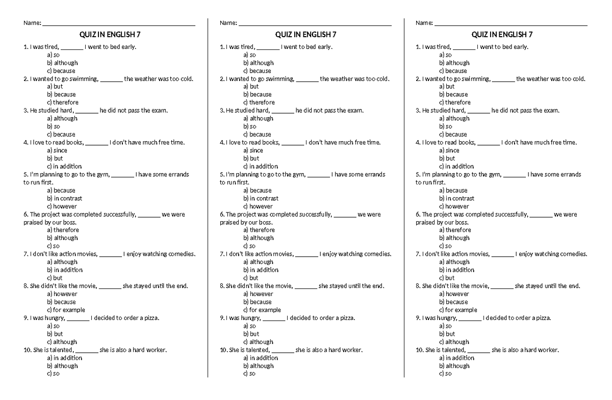QUIZ IN ENGLISH 7: Transition Signals and Usage - Studocu