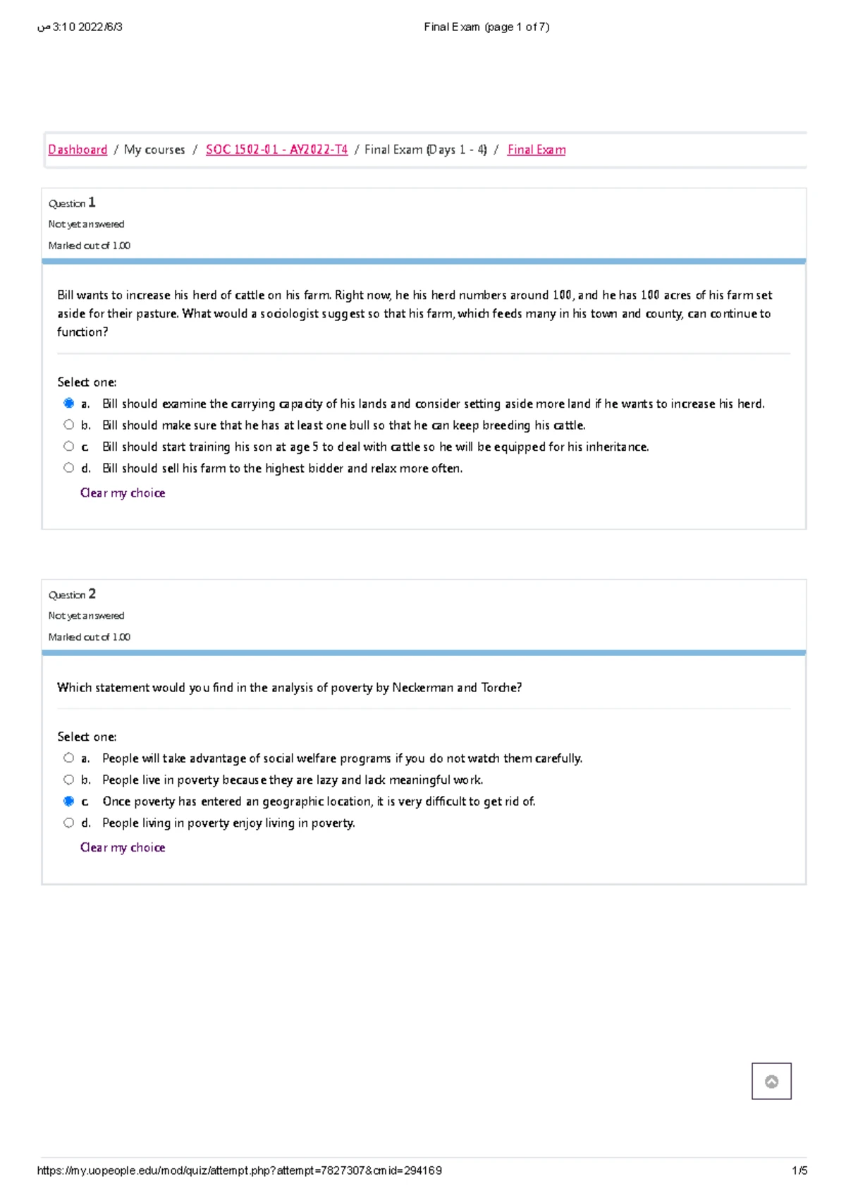 SOC1502 Final Exam - Question 1 Answer saved Marked out of 1. Flag ...