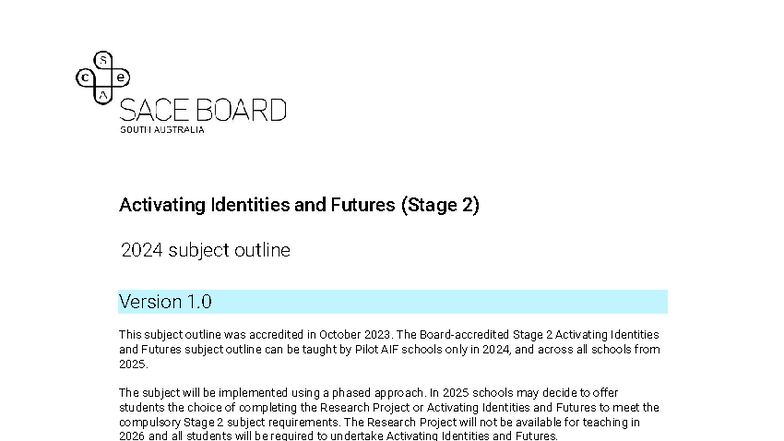 Stage 2 Activating Identities and Futures Subject Outline (2025) - Studocu