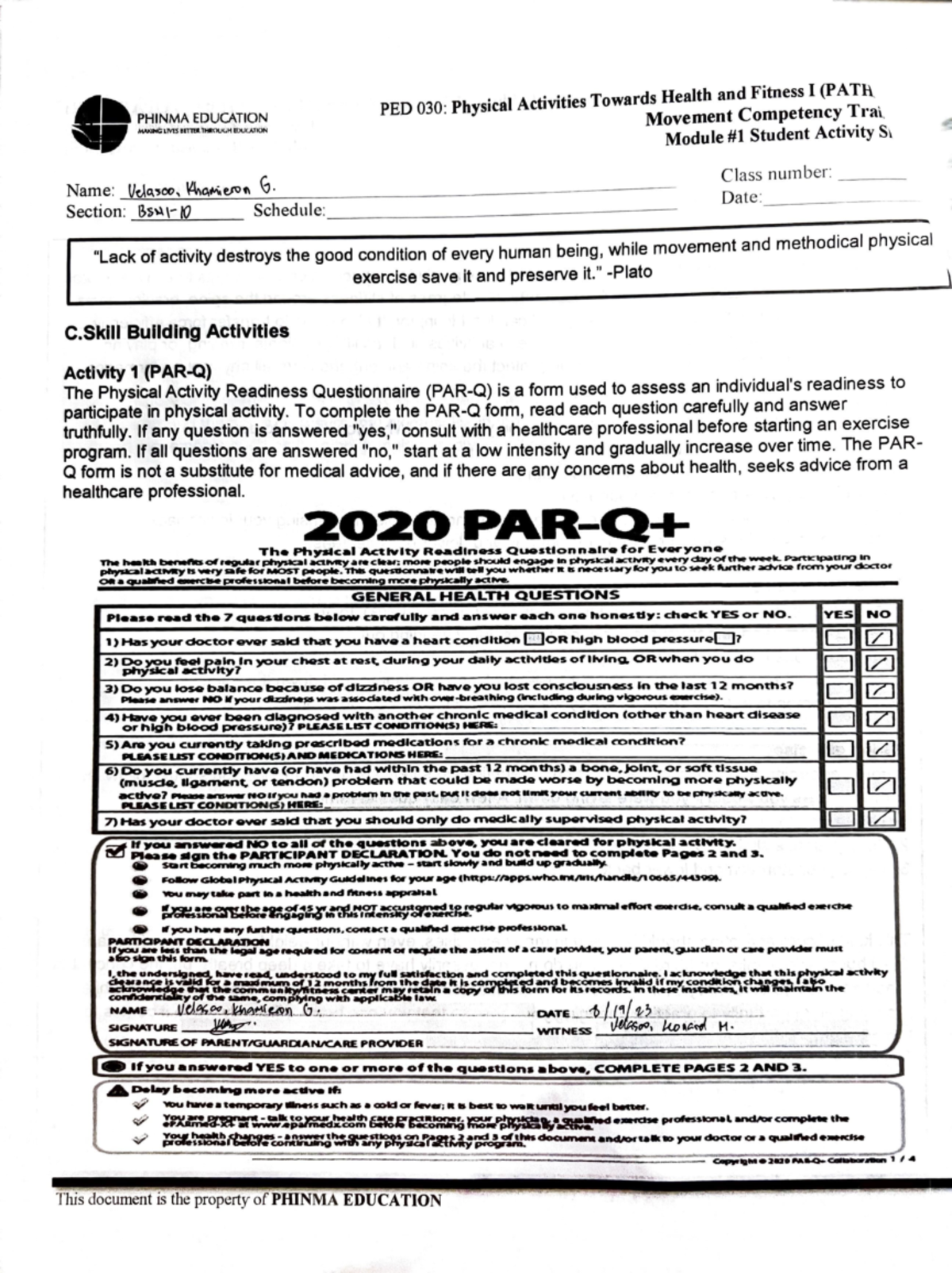 PED 030 - Module 1 - Physical Activity Readiness Questionnaire (PAR-Q) - Studocu