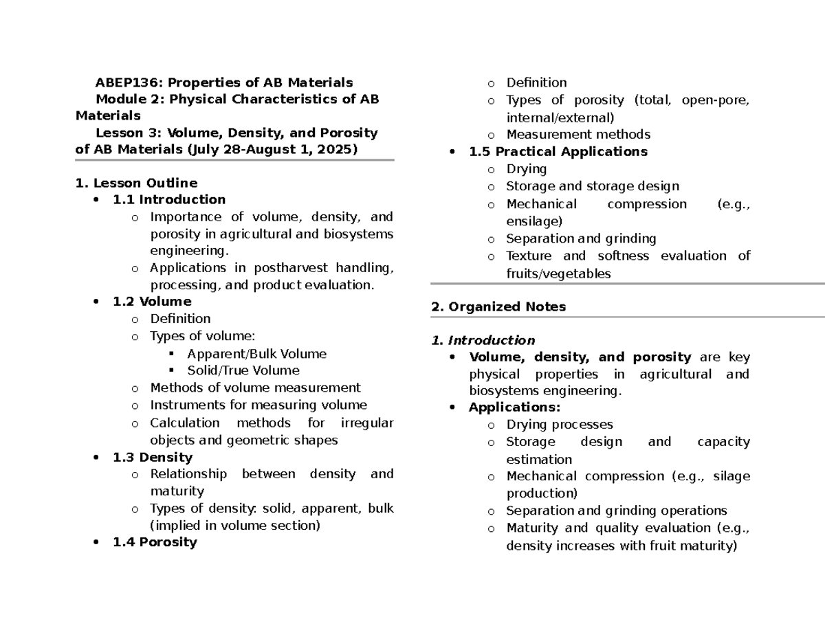 ABEP136: Physical Properties of AB Materials - Volume, Density ...