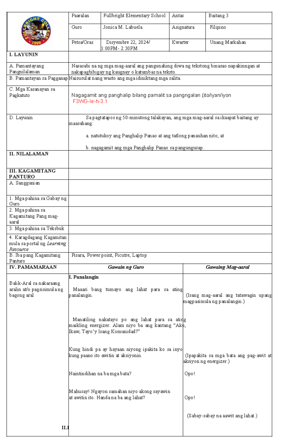 Detalyadong Lesson Plan sa Filipino para sa Antas 3: Panghalip Panao ...