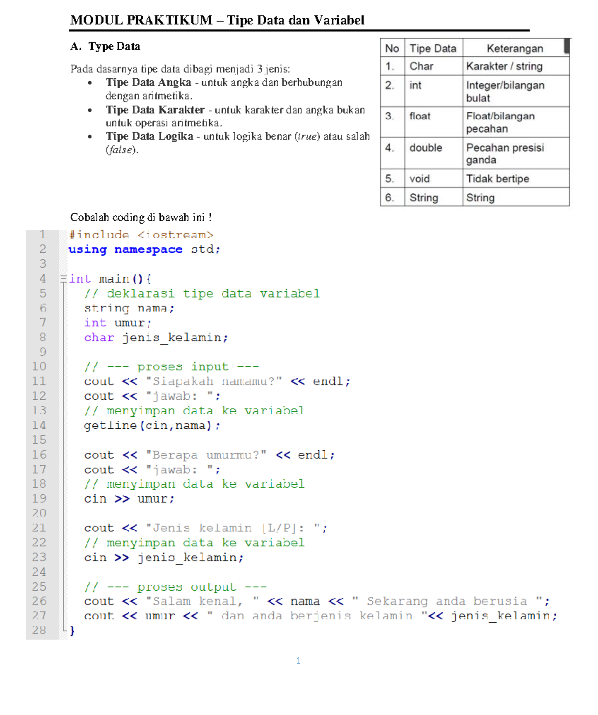 Modul Praktikum: Tipe Data dan Variabel pada Pemrograman - Studocu