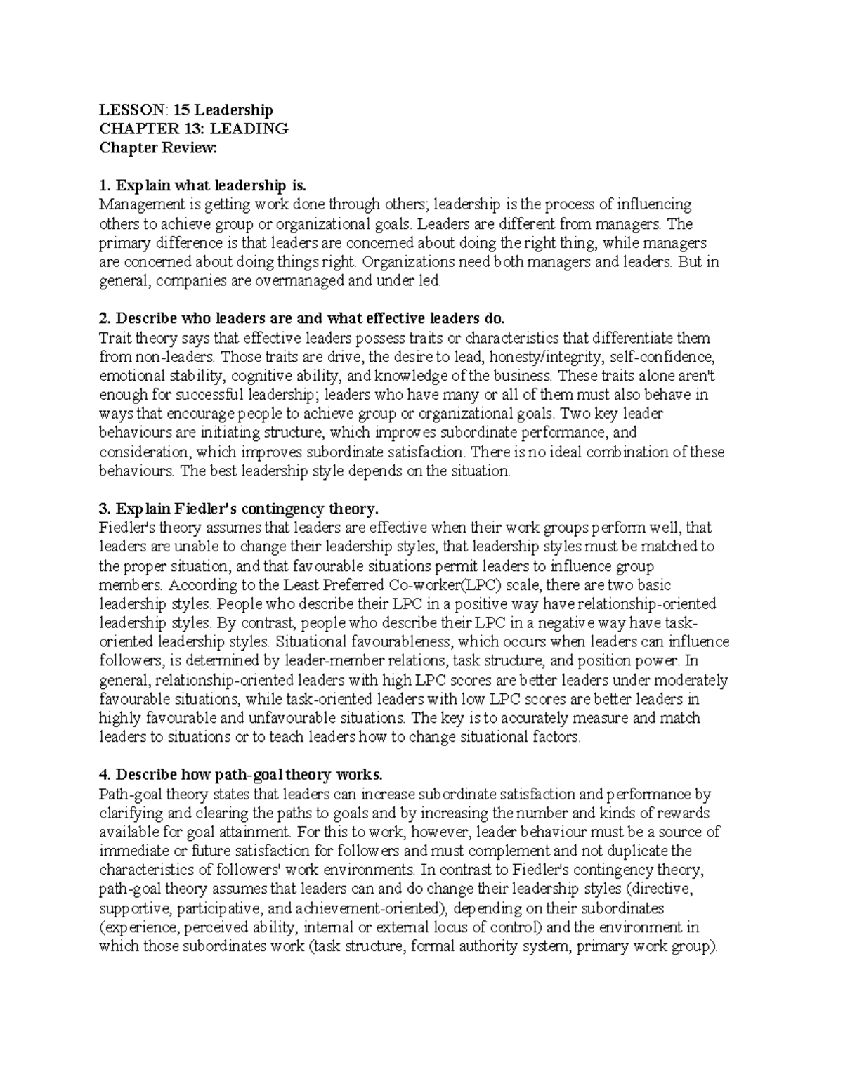Lesson 15 Review: Leadership Theories and Practices - ADMN232 - Studocu