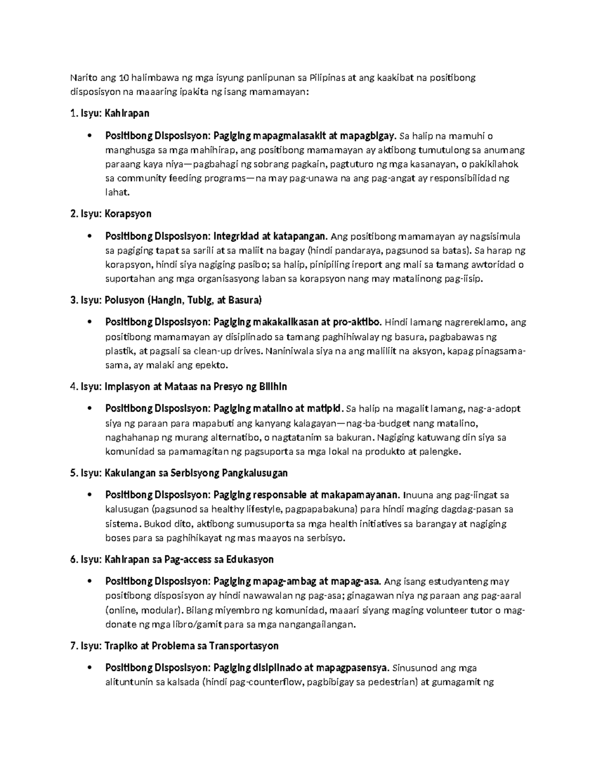 Mga Isyung Panlipunan sa Pilipinas at Positibong Disposisyon: Grade 8 ...