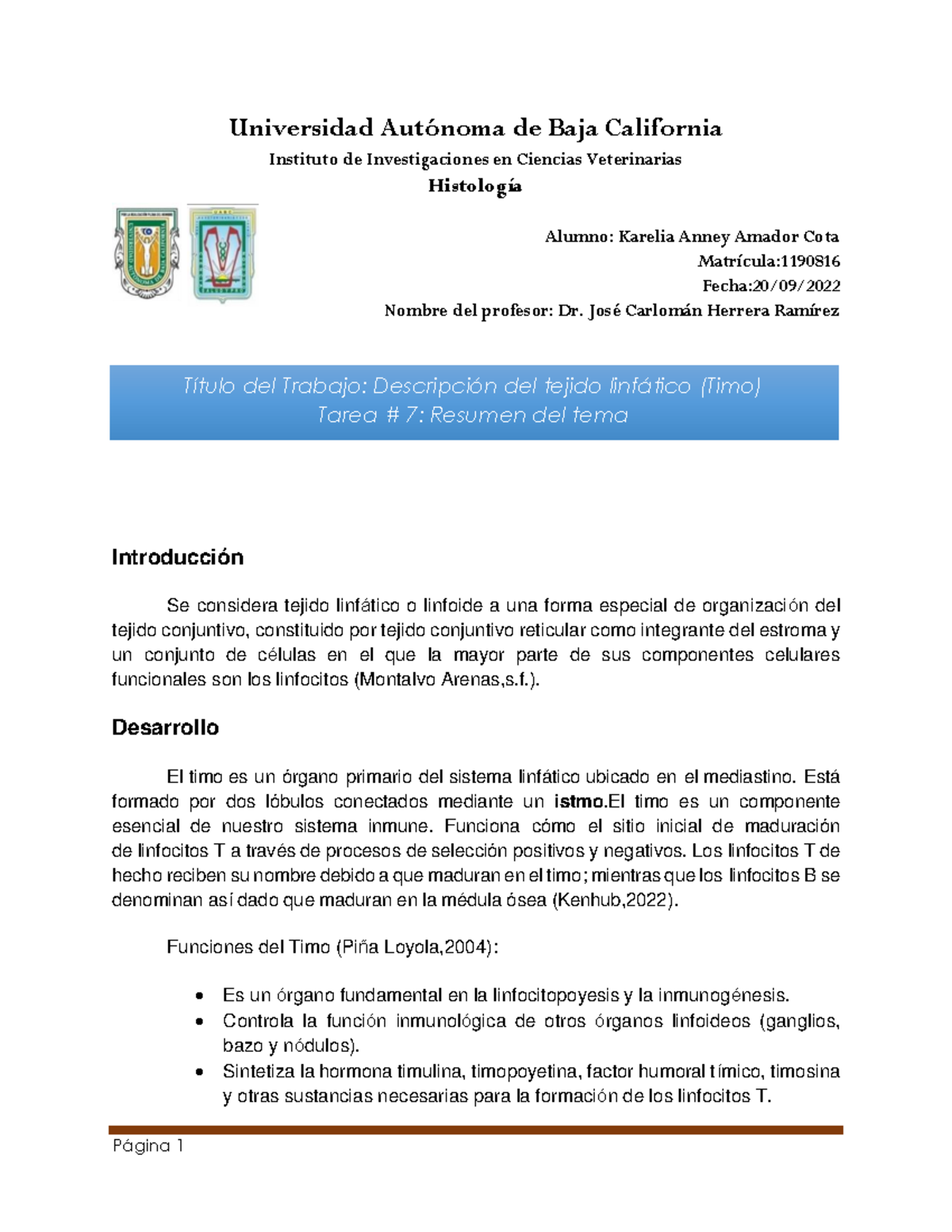 Timo y Tejido Linfoide: Resumen y Funciones - Histología UABC - Studocu