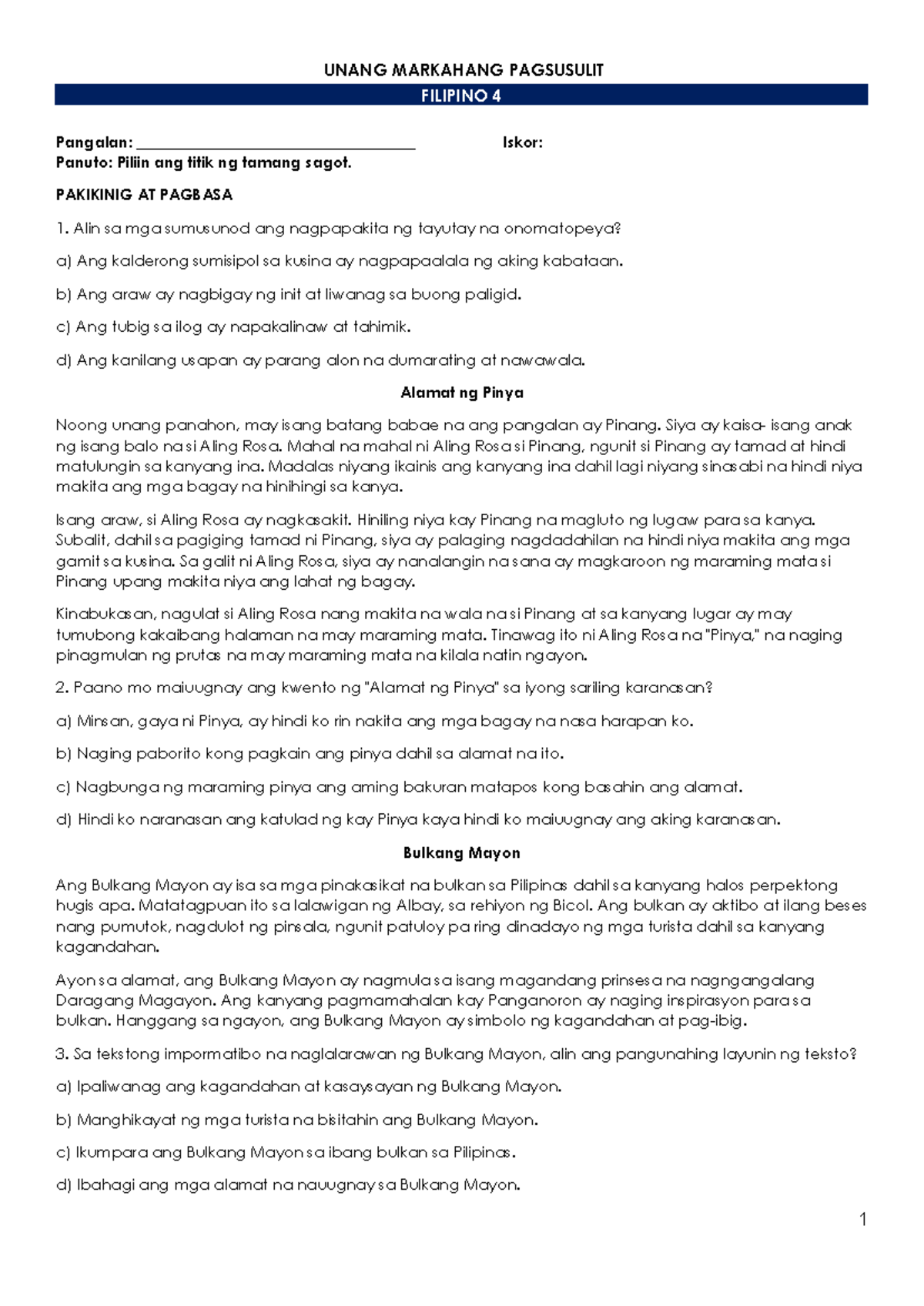 Q1 PT Filipino 4: Pagsusulit sa Pakikinig at Pagbasa - Studocu