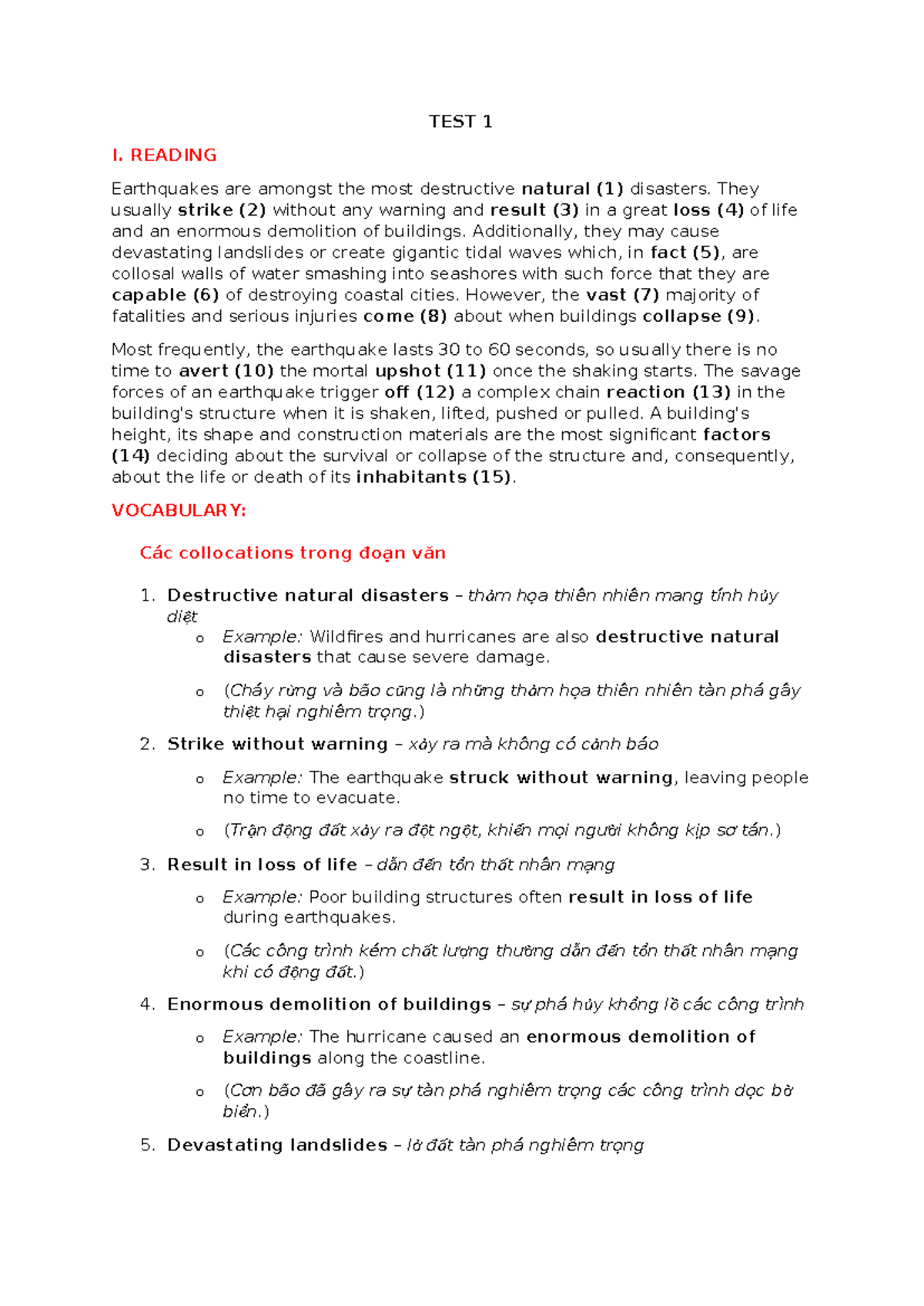 TEST 1 - Earthquake Impact and Vocabulary Insights - Studocu