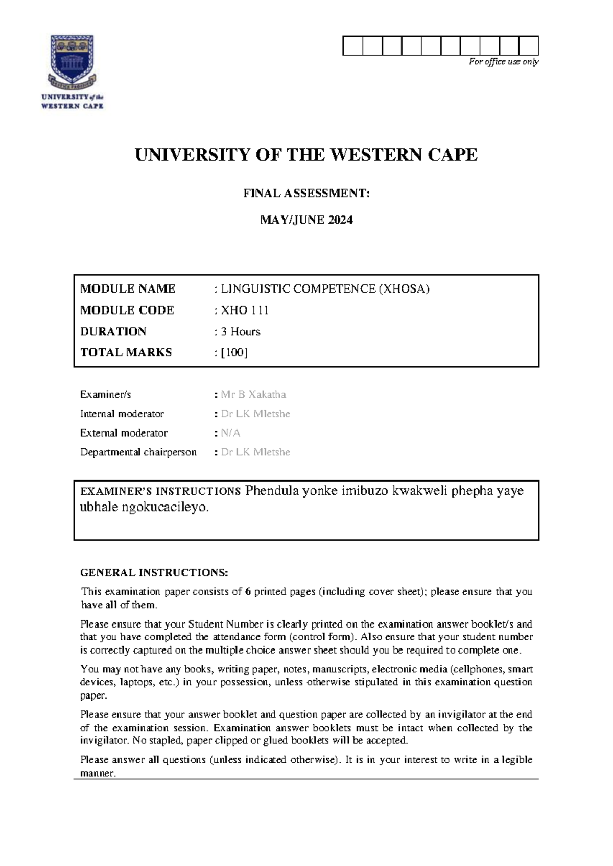XHO111 2024 Final Exam: Linguistic Competence (Xhosa) Question Paper ...
