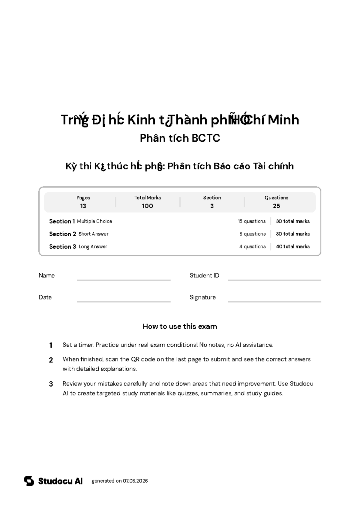 Kỳ thi Kết thúc học phần: Phân tích Báo cáo Tài chính - Studocu