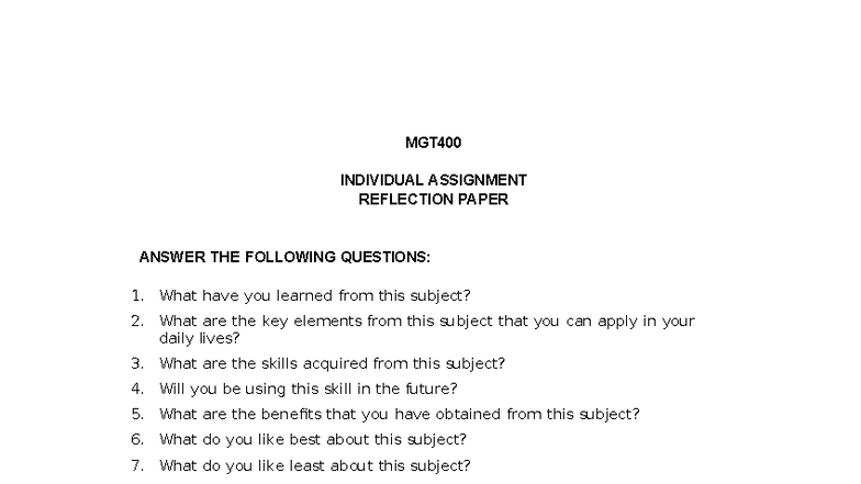 MGT400 Individual Assignment Reflection Paper Insights - Studocu