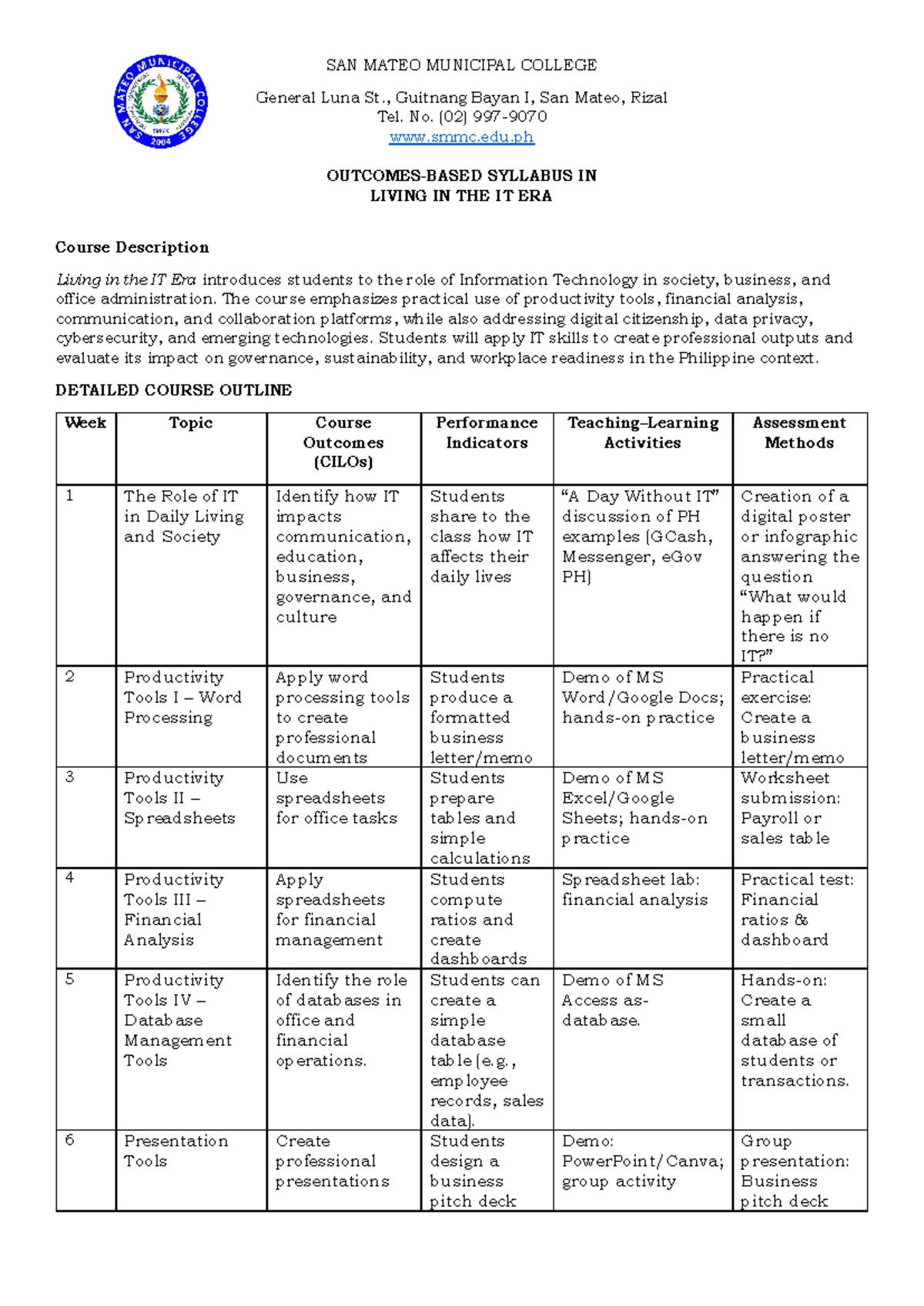 LIVING IN THE IT ERA SYLLABUS (IT 101) - Course Overview & Outline ...