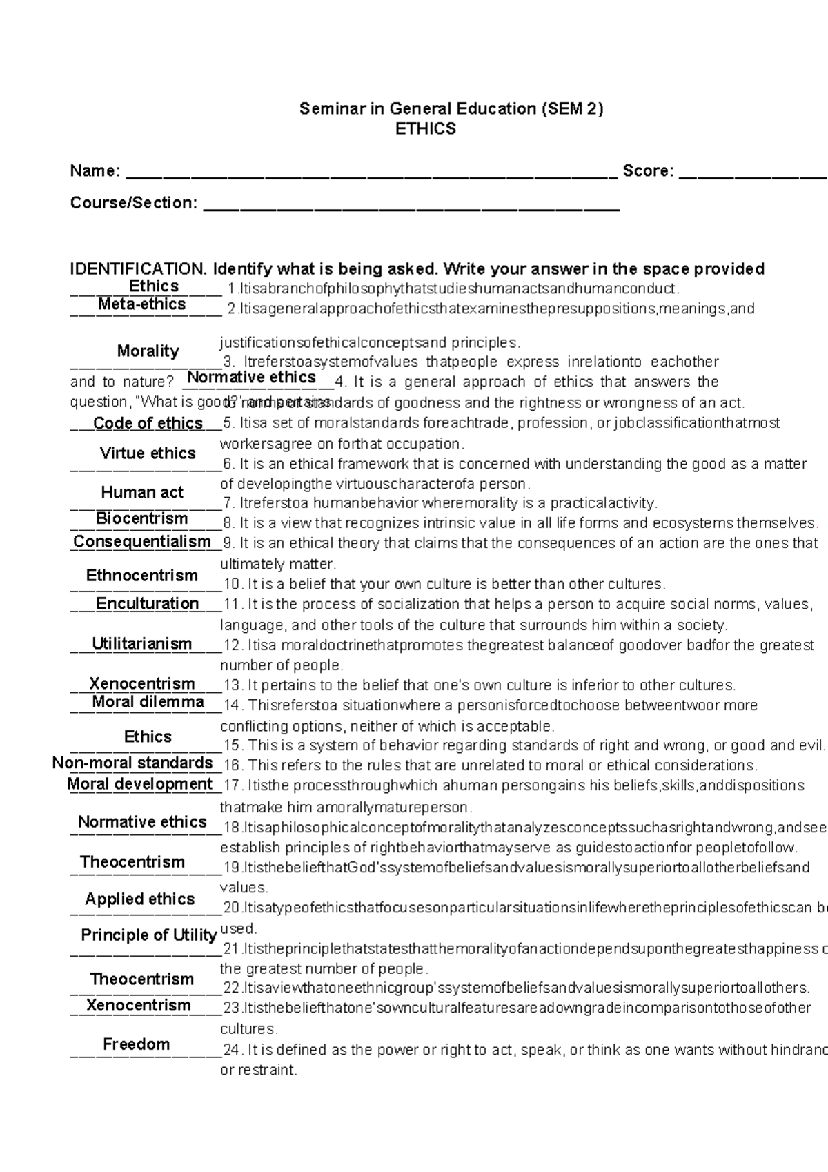 Ethics Seminar (SEM 2) - Final Test Review Notes - Studocu