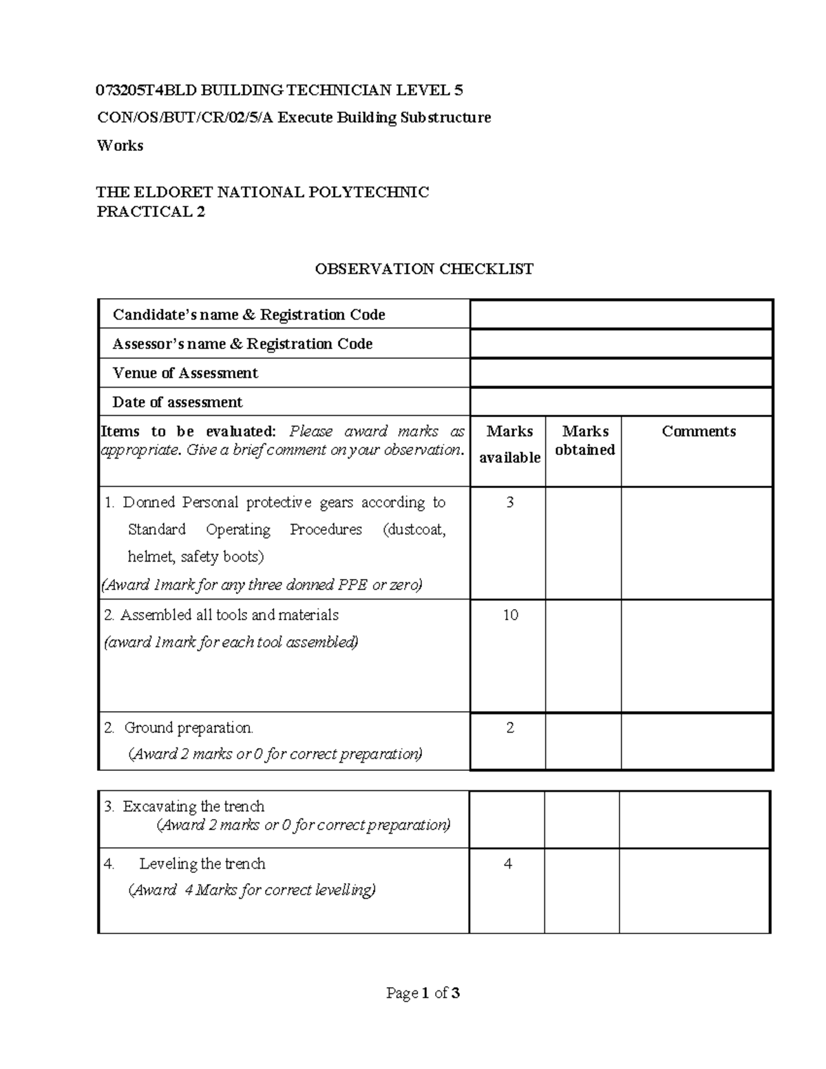 073205T4BLD Building Technician Level 5 Substructure Works Checklist ...