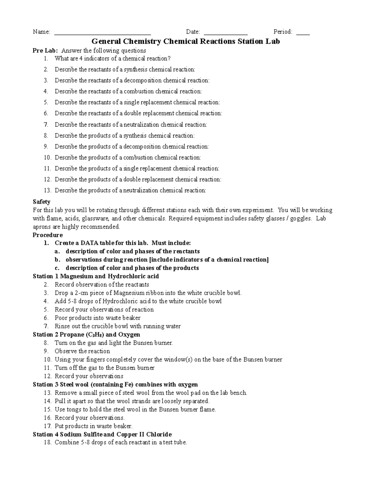 General Chemistry Chemical Reactions 4 Station Lab - Name ...