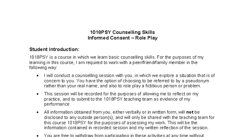 1018PSY Informed Consent for Counselling Skills Role Play - Studocu