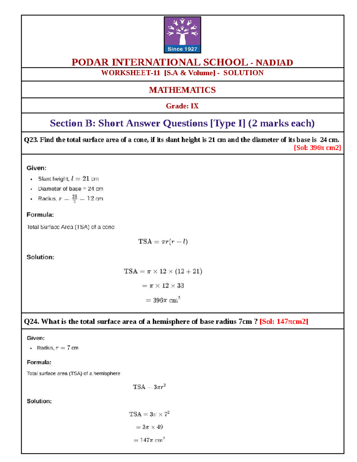 Gr-IX-Math-Worksheet-11: Solutions for Surface Area & Volume Problems ...