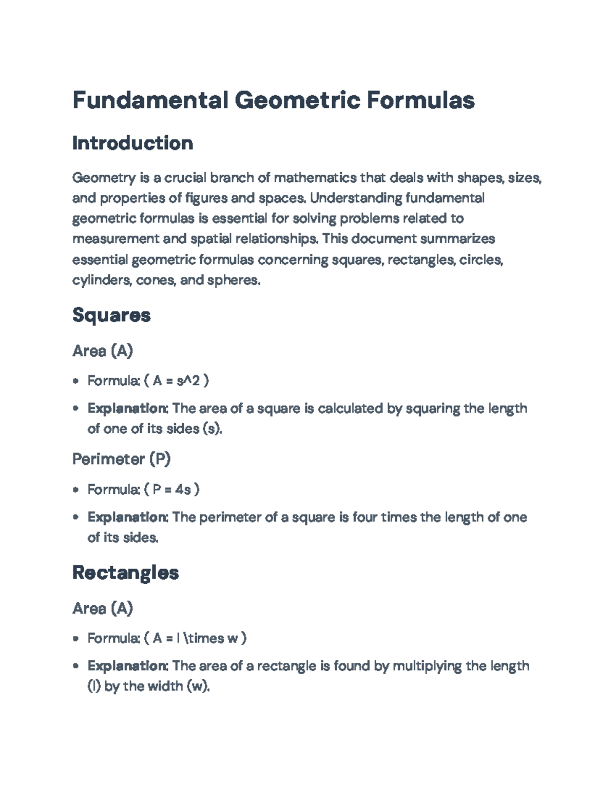 Fundamental Geometric Formulas Summary for Geometry Course ...