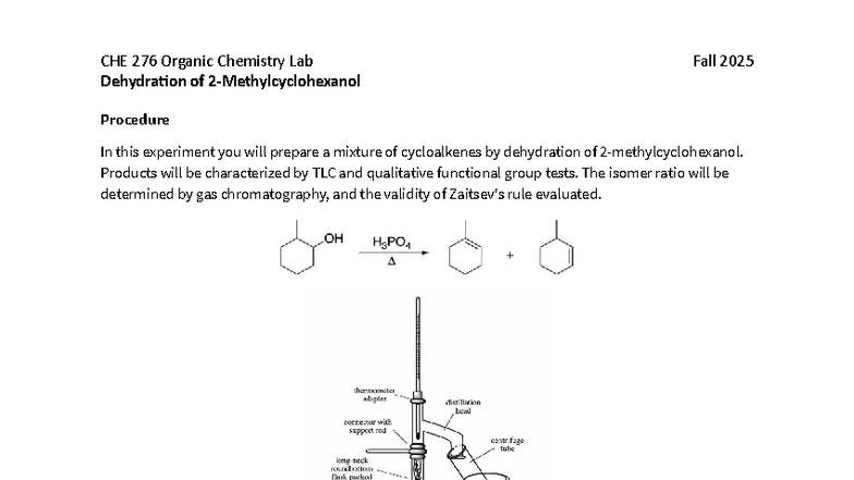 CHE 276 Organic Chemistry Lab: Dehydration Procedure for Fall 2025 ...