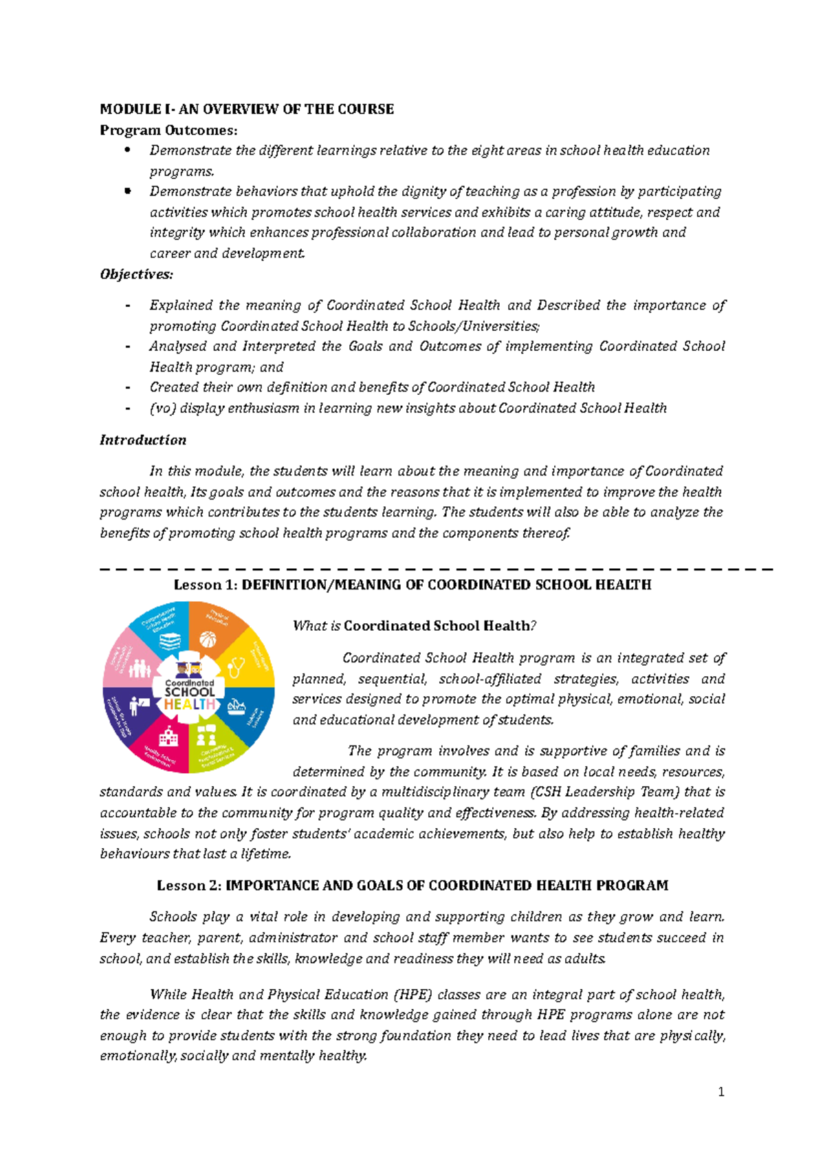 Module 1: Overview of Coordinated School Health Programs and Goals ...