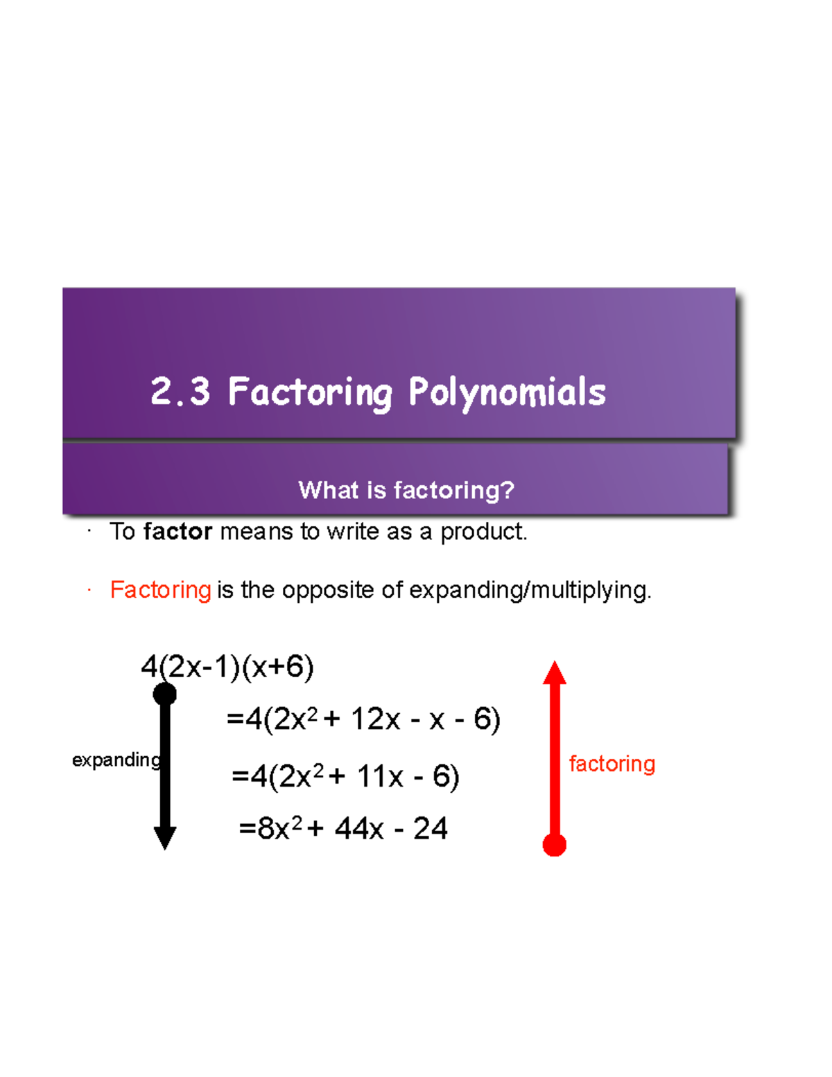 2.3 Functions - work - 2 Factoring Polynomials What is factoring? · To ...