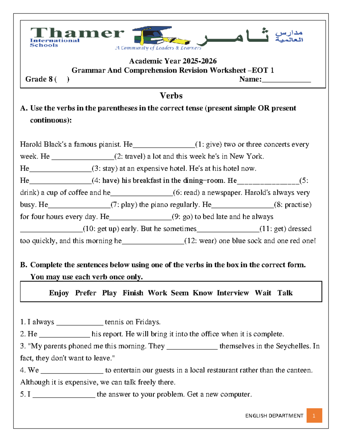 Grade 8 English Grammar & Comprehension Revision Worksheet 1 - Studocu