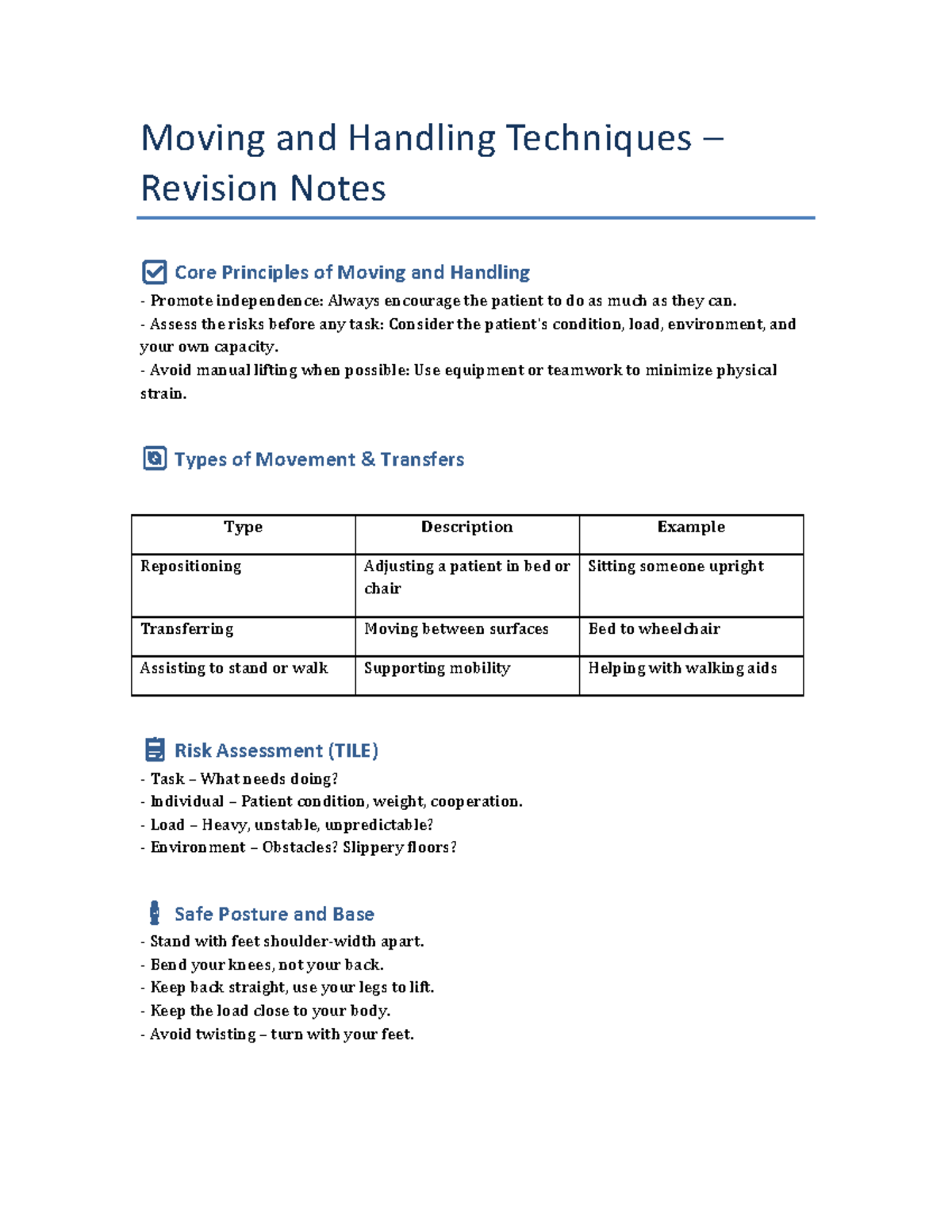 Moving and Handling Techniques Revision Notes: Core Principles - Studocu