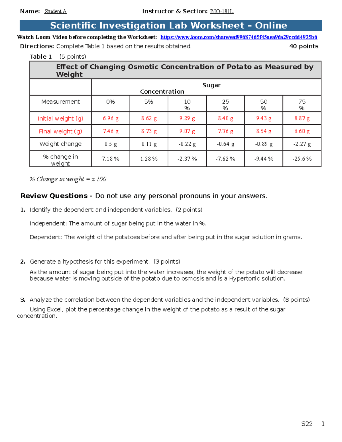 Scientific Investigation Lab Worksheet - BIO181L: Osmosis & Sugar ...
