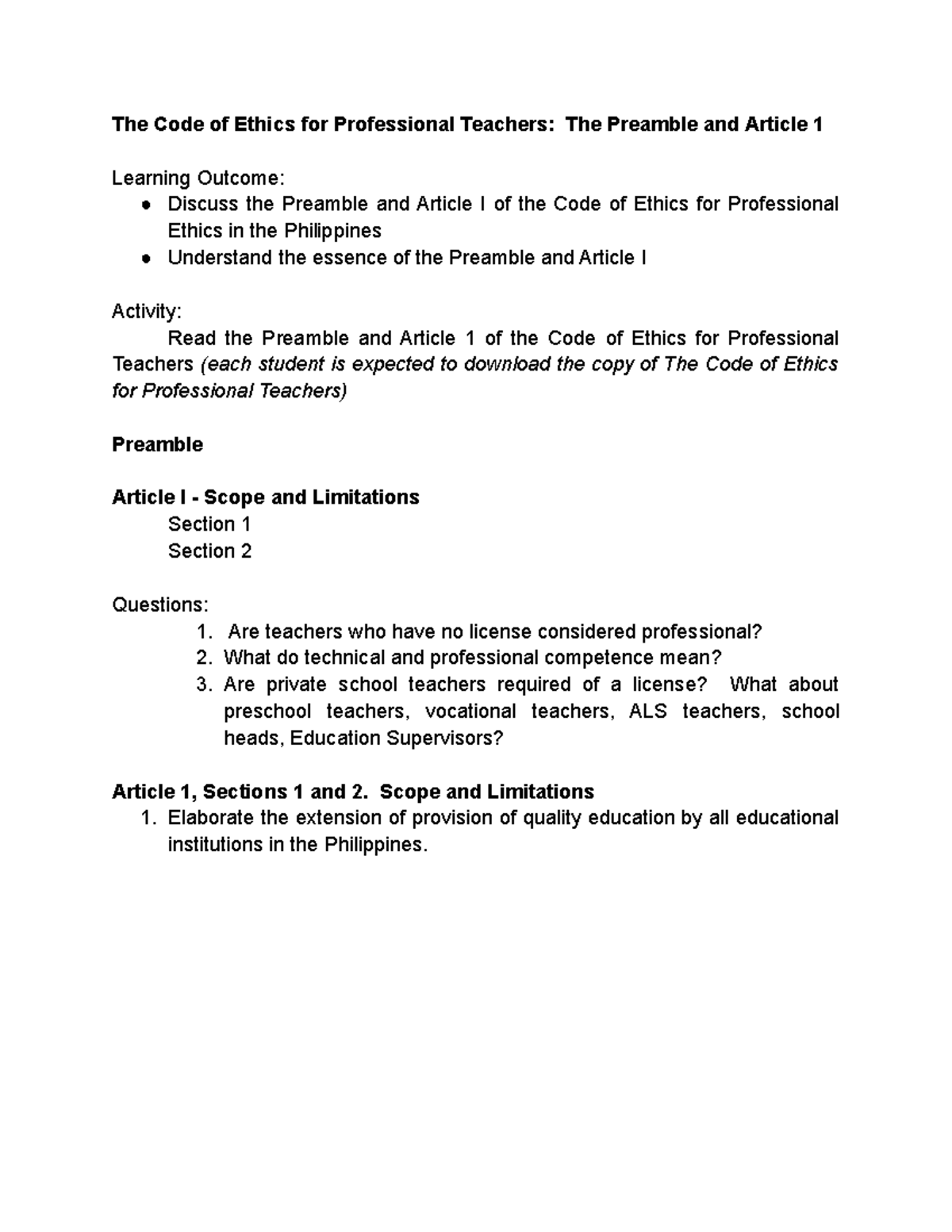 The Code of Ethics for Professional Teachers: Preamble & Article I ...