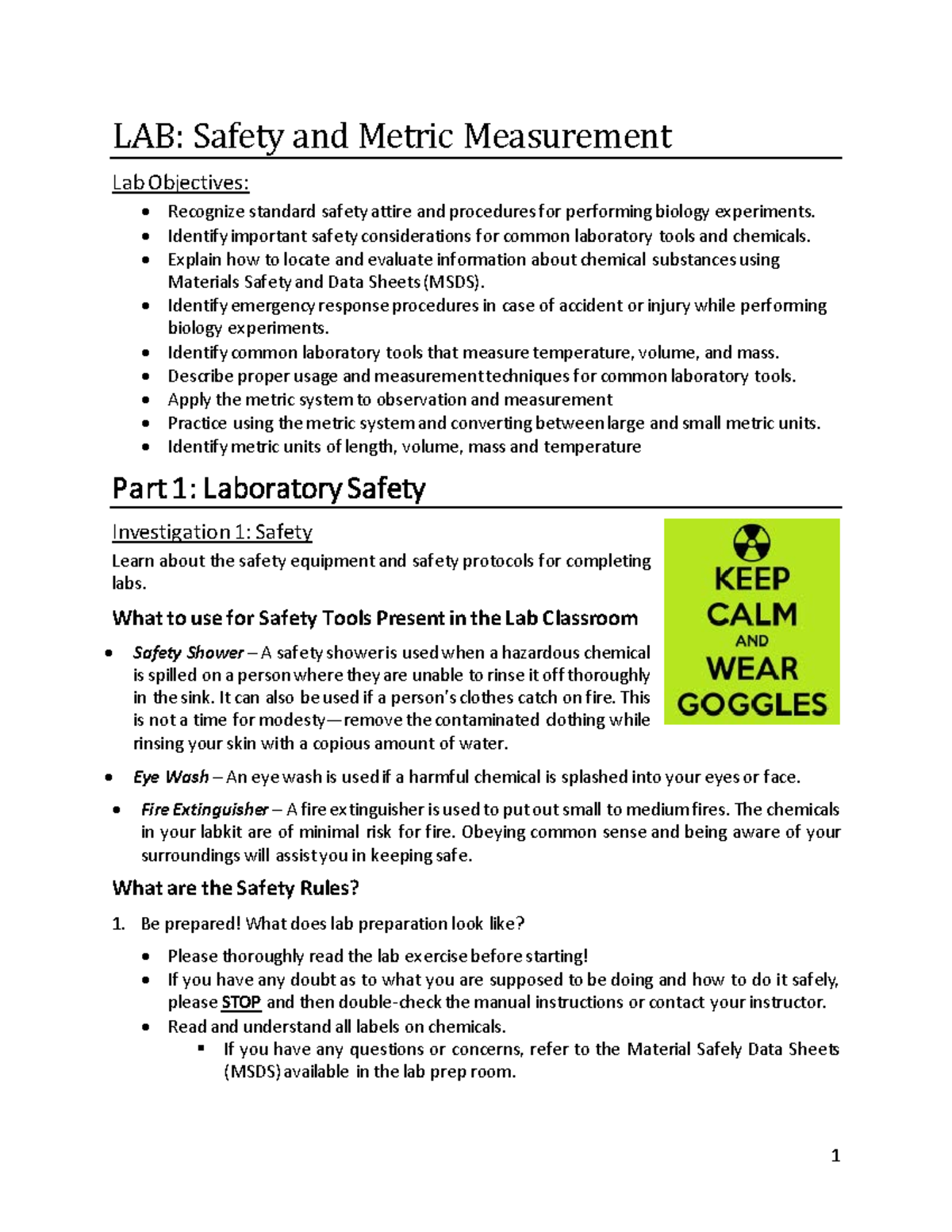 BIOL 1406 Lab #1 - Safety Protocols & Metric Measurement Techniques ...