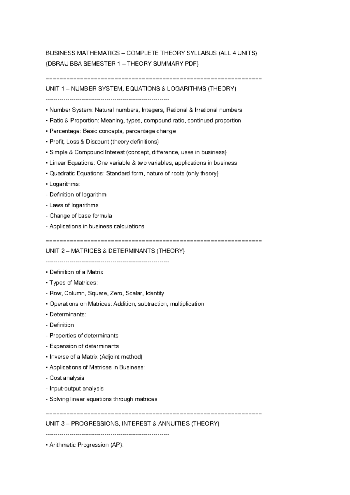 Business Mathematics Theory Syllabus (DBRAU BBA Sem 1) - Studocu