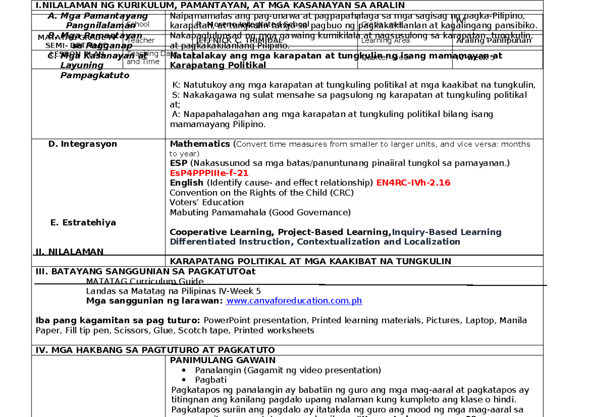 ARAL-PAN 4th Quarter Week 6 Detailed Lesson Plan - Studocu