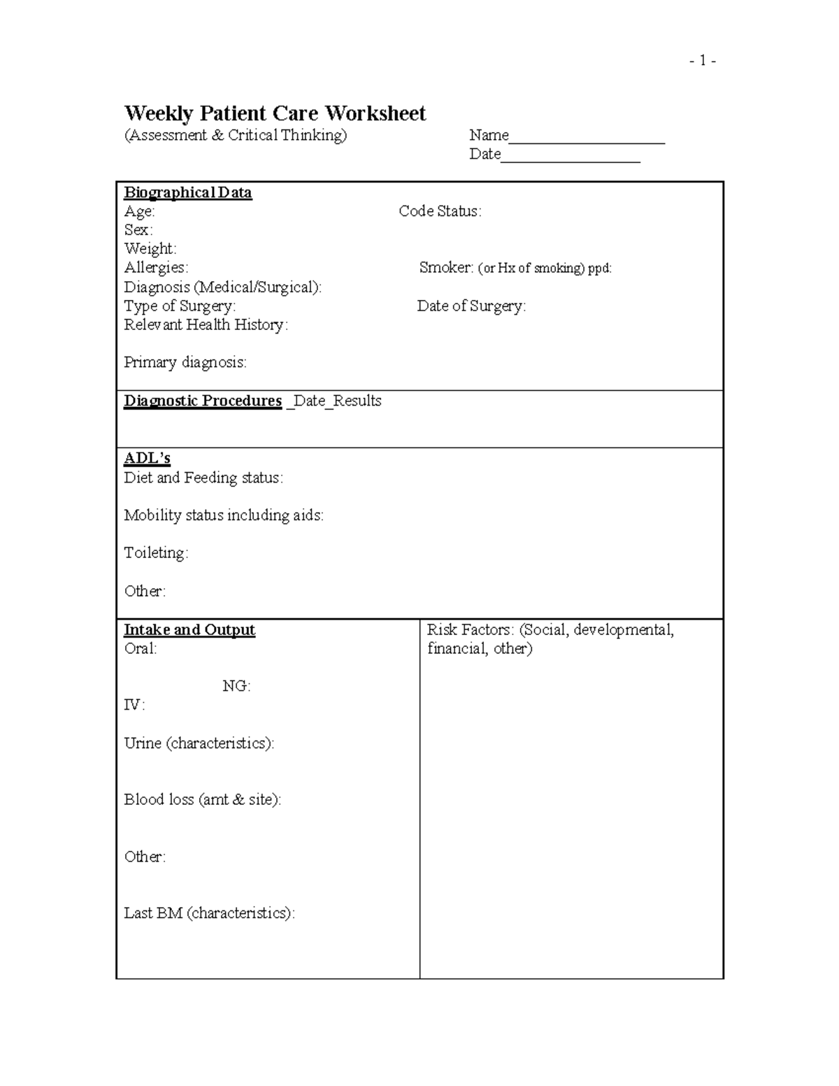 Weekly Patient Care Worksheet 0 - Weekly Patient Care Worksheet ...