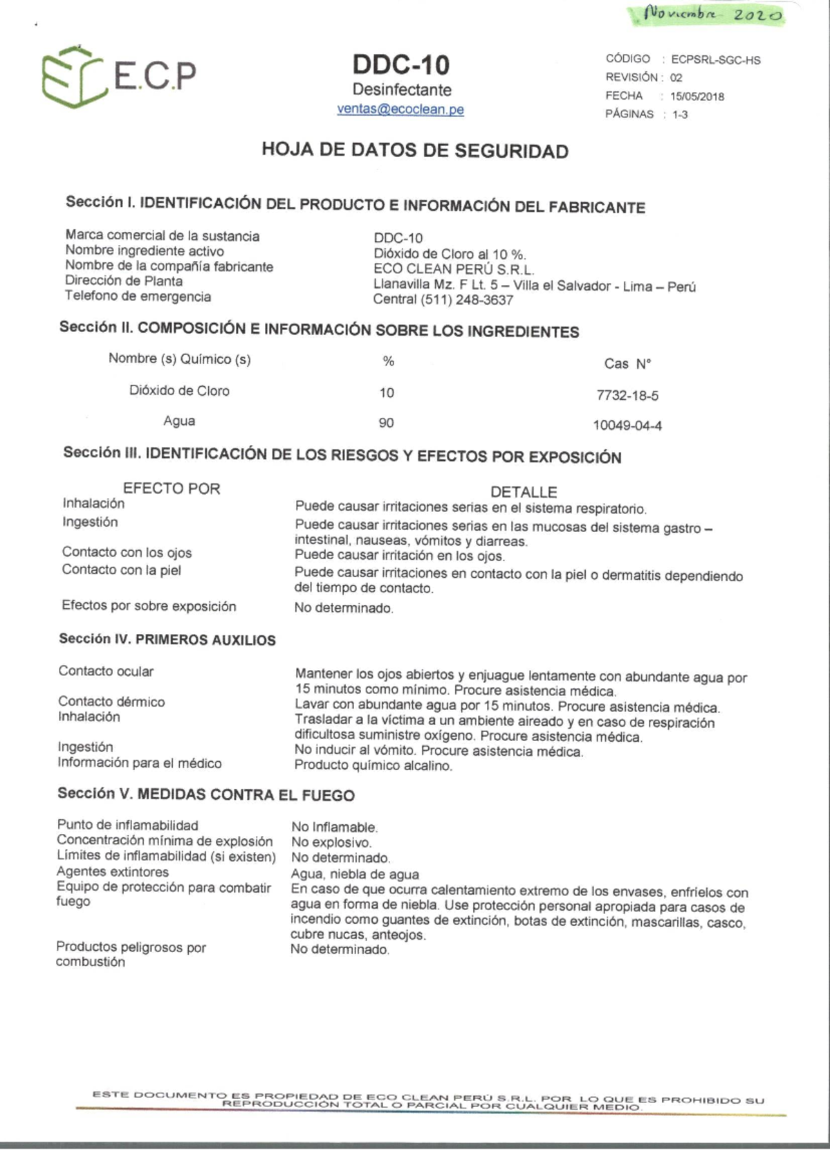 Fichas Técnicas de Seguridad: Desinfectante Dióxido de Cloro E.C. A1 - Studocu