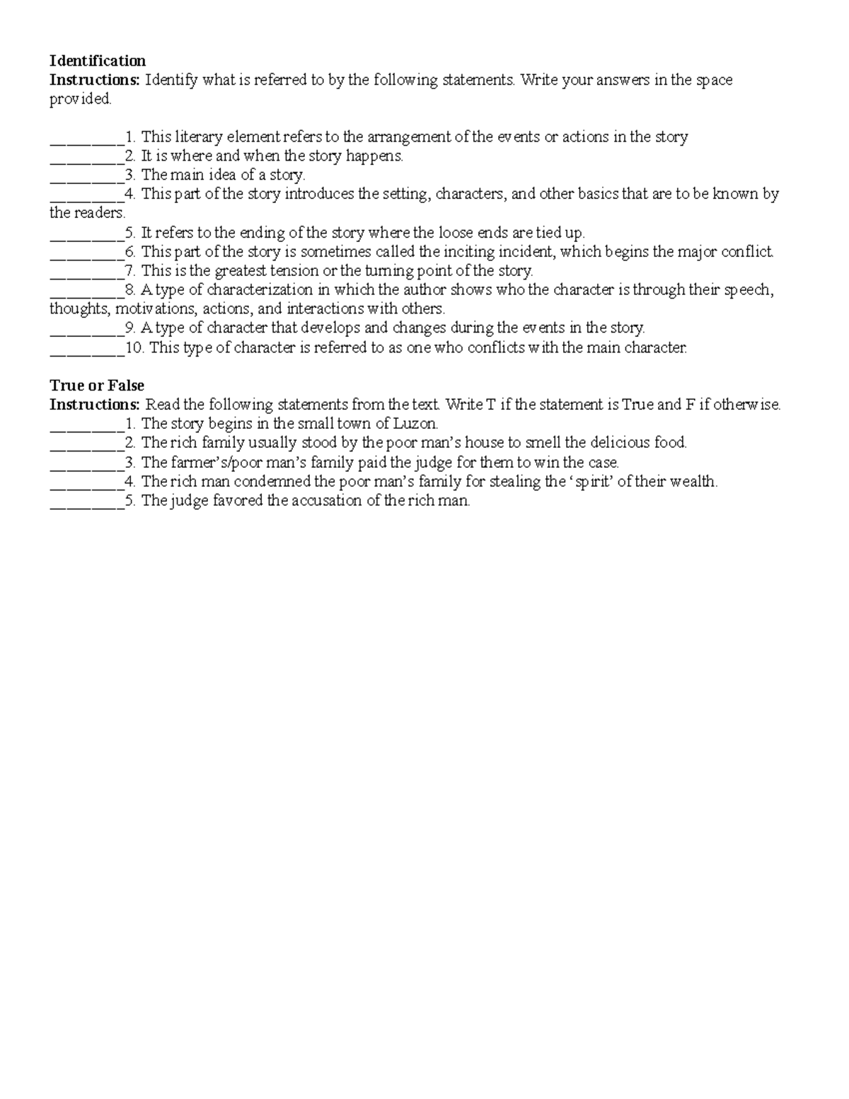 Grade 7 Literary Elements Identification Activity - Studocu