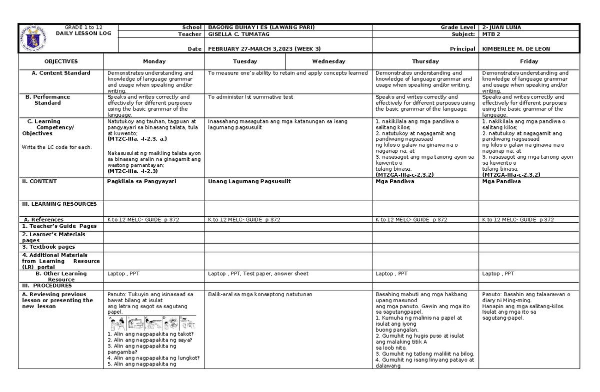 GRADE 1-12 WEEK 3 DAILY LESSON LOG: Language Grammar & Usage - Studocu