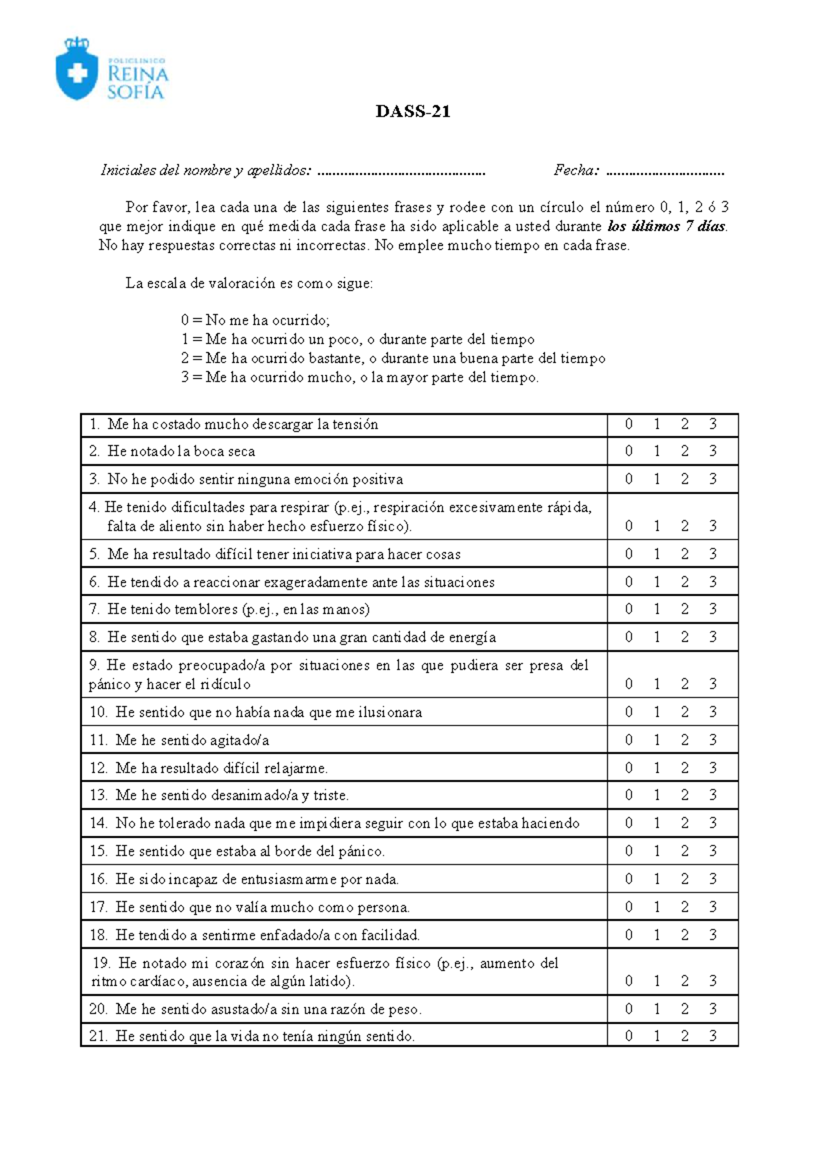 DASS-21: Test de Despistaje de Ansiedad, Depresión y Estrés - Studocu