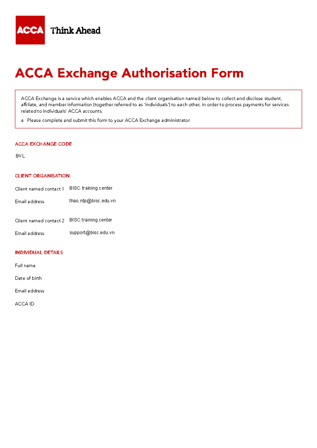 ACCA Exchange Authorisation Form - BISC Training Center - Studocu