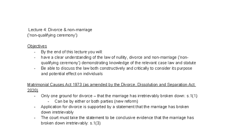 Lecture 4: Divorce and Non-Marriage Law Overview - Studocu