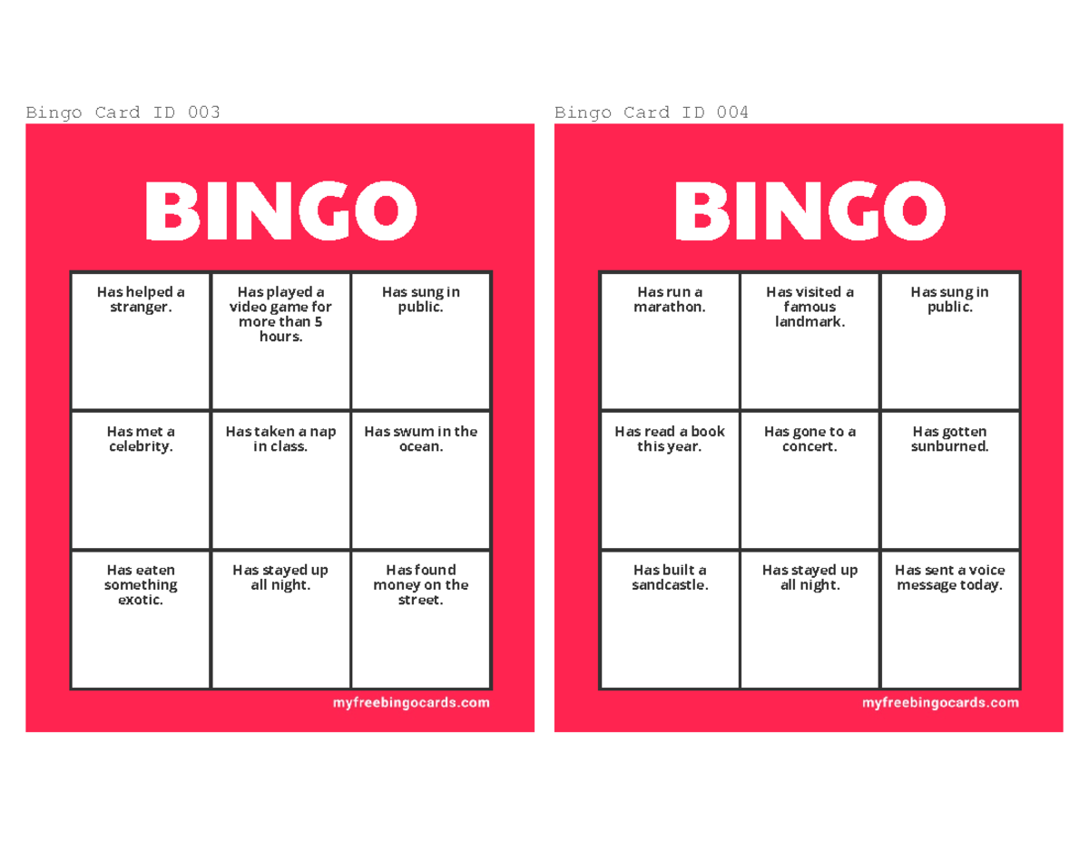 Bingo Card Activities Compilation for Fun and Games - Studocu
