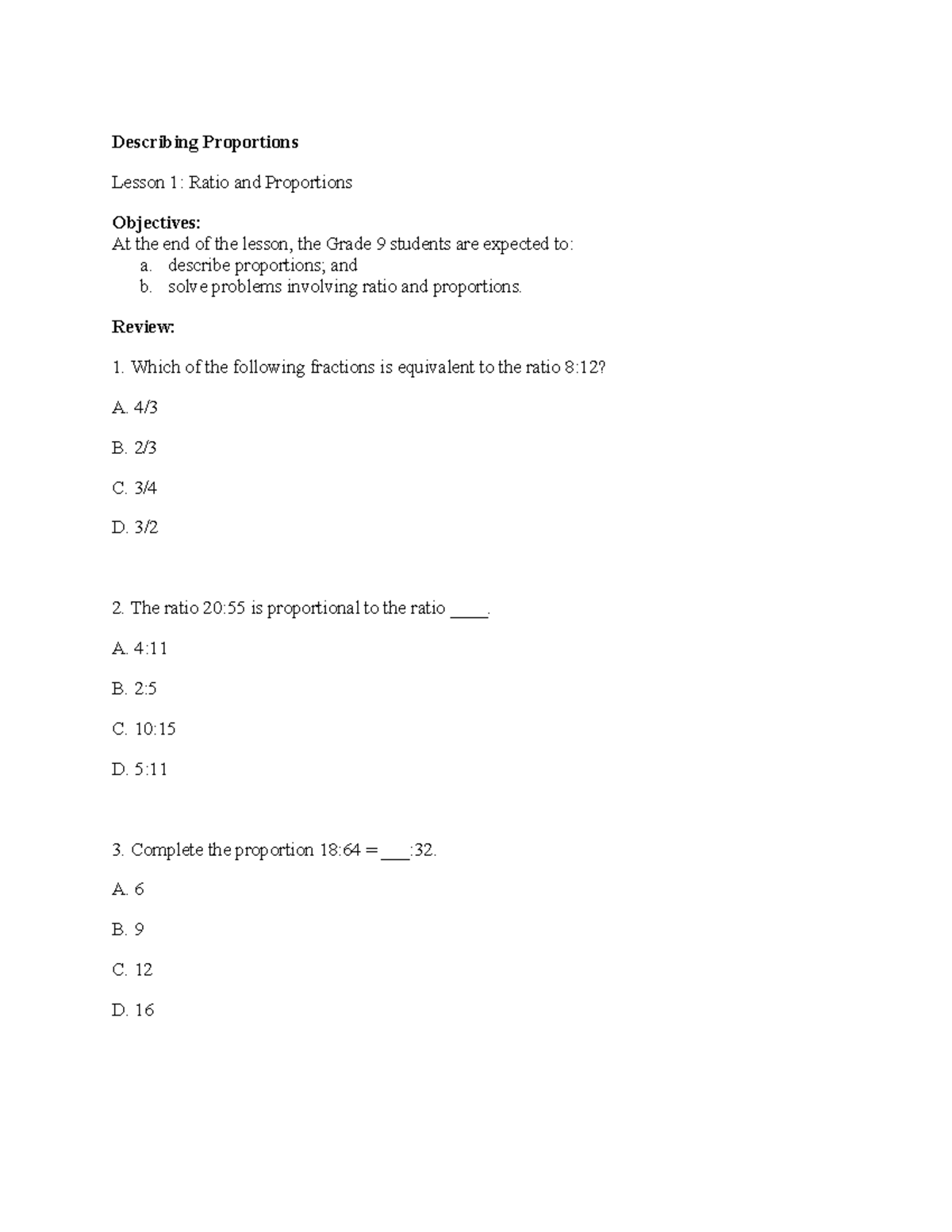 Grade 9 Math: Ratios and Proportions Lesson 1 Notes - Studocu