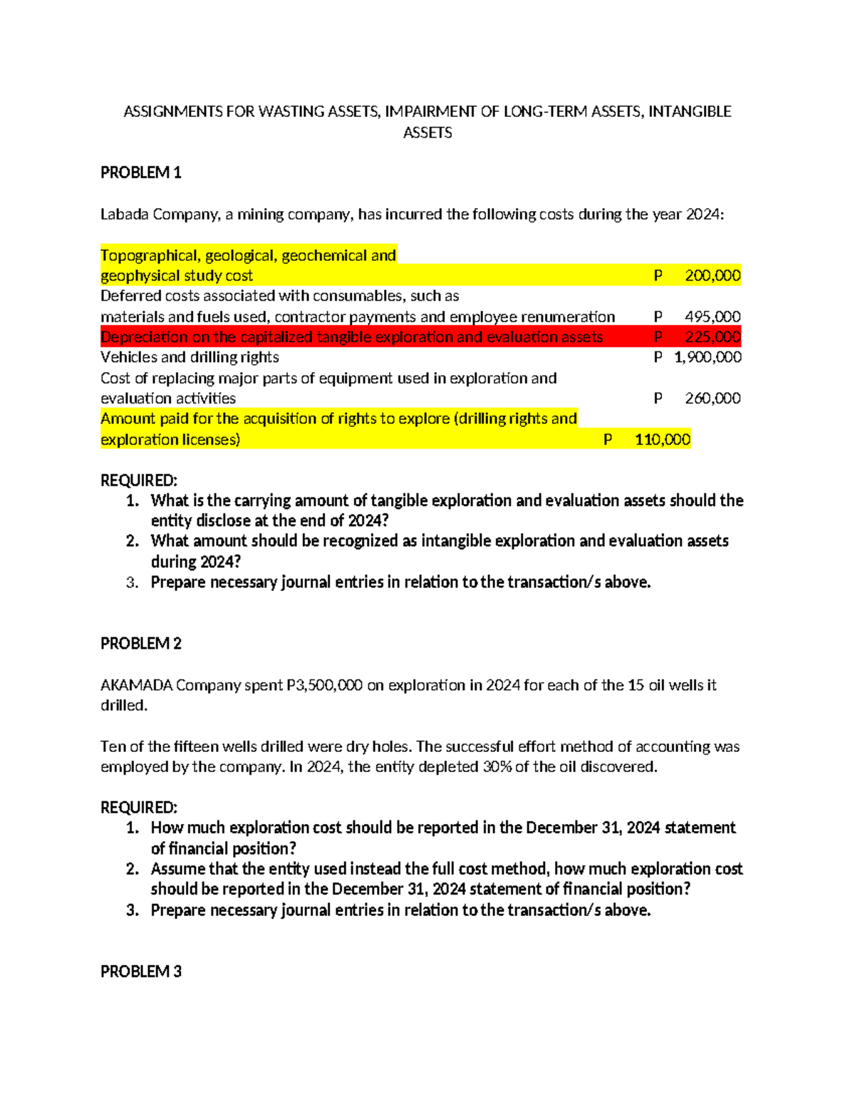 Assignments on Wasting Assets, Impairment, and Intangible Assets ...